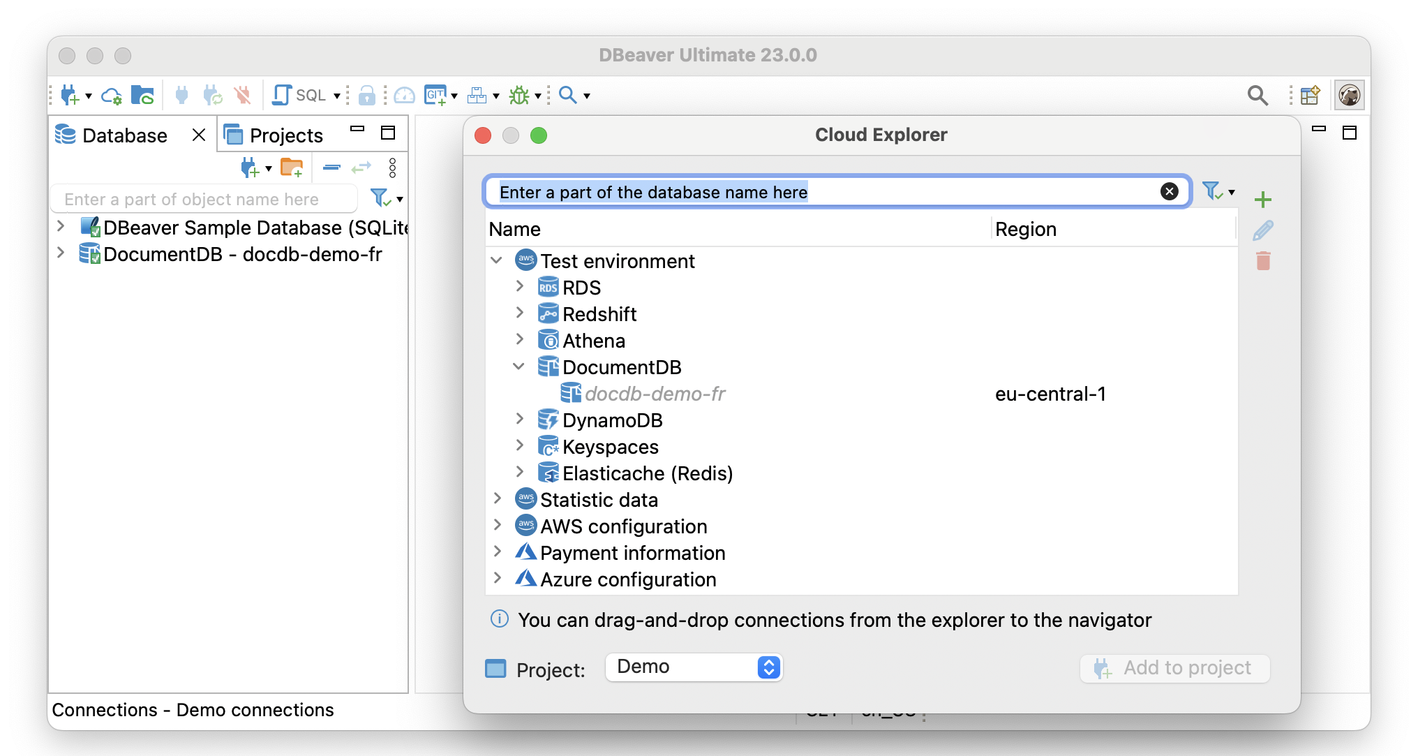 How to connect to DocumentDB with DBeaver's Cloud Explorer