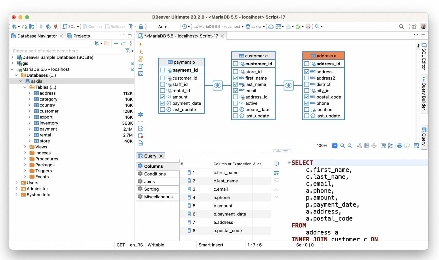 Two ways to use Visual Query Builder in DBeaver