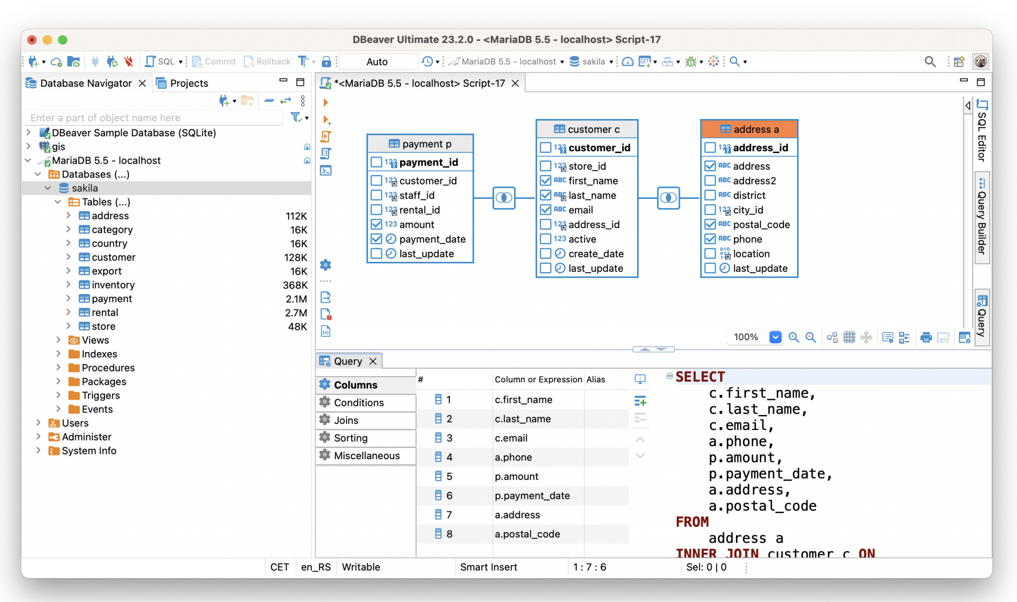 Two ways to use Visual Query Builder in DBeaver