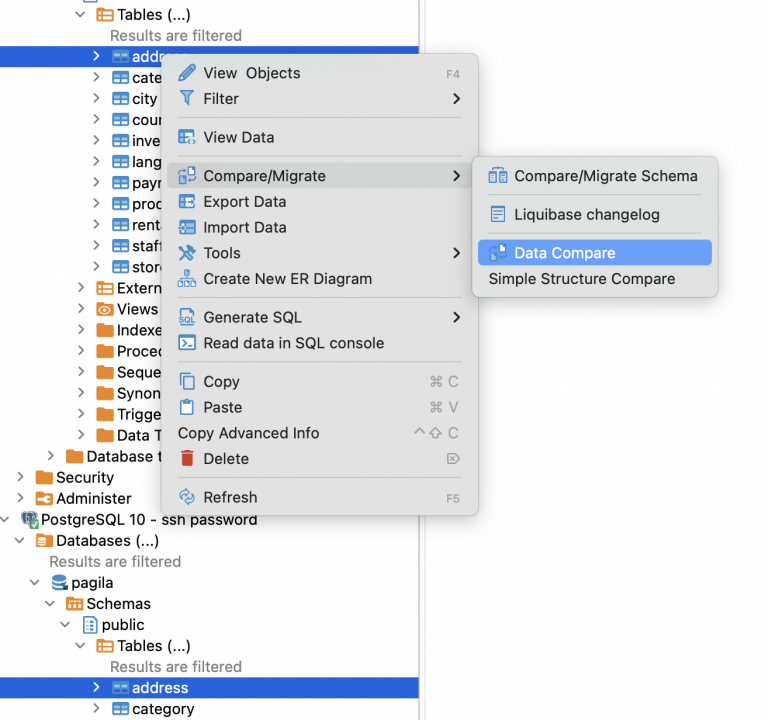 How to compare data in DBeaver